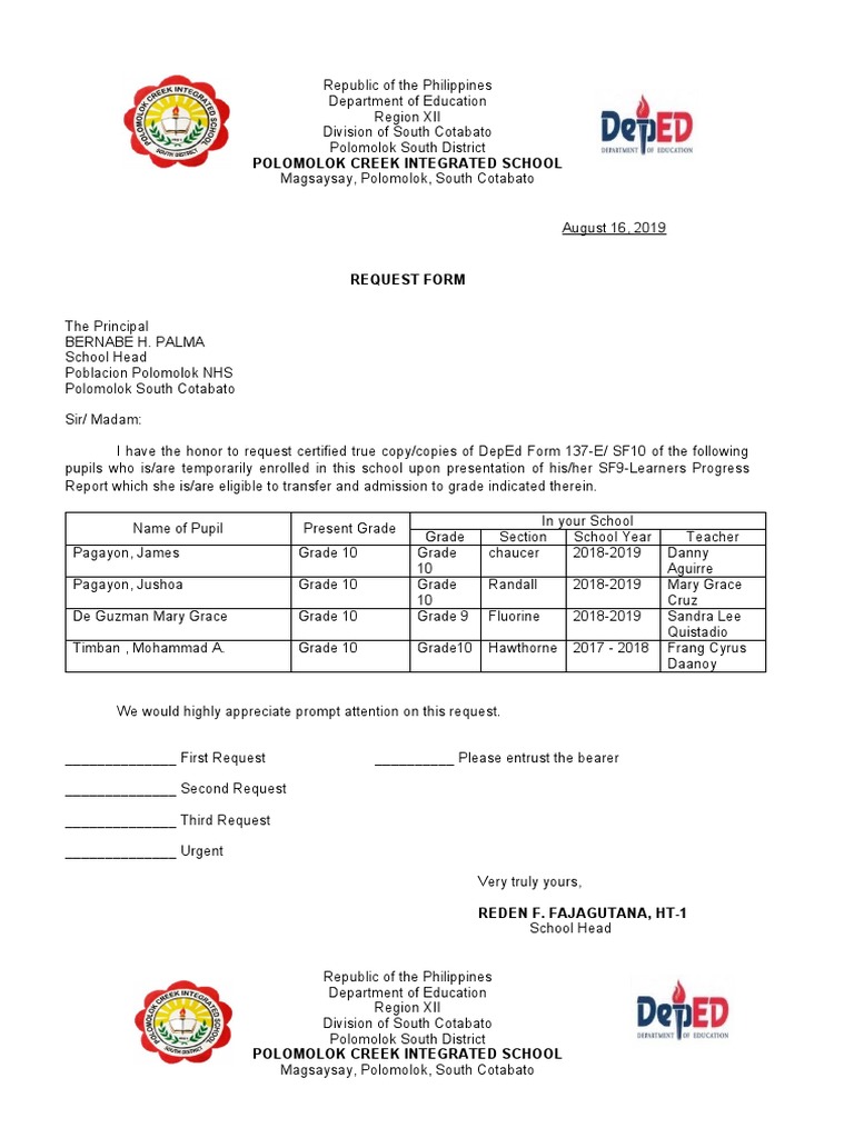 REQUEST FORM 137 Grade 10 Neptune | PDF | Domestic Policy | Public Administration