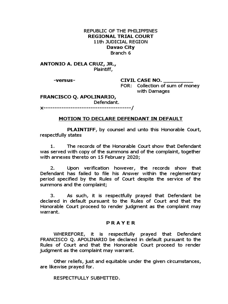 Motion To Declare Defendant in Default | PDF | Complaint | Lawsuit