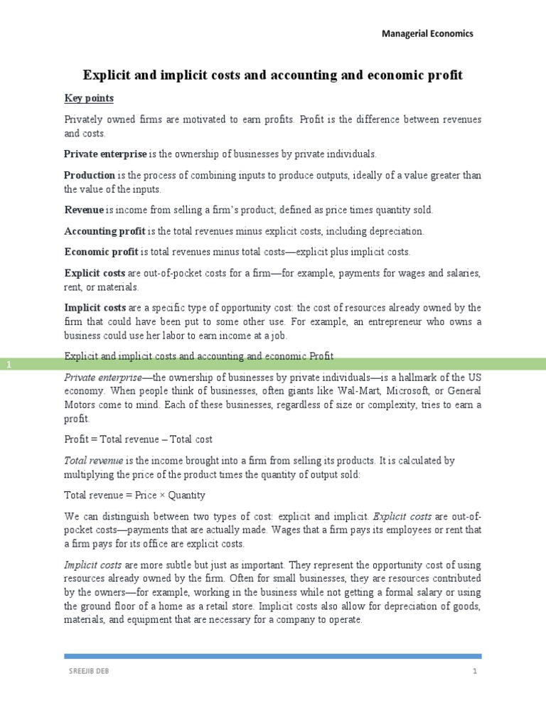 Explicit And Implicit Costs And Accounting And Economic Pdf Profit