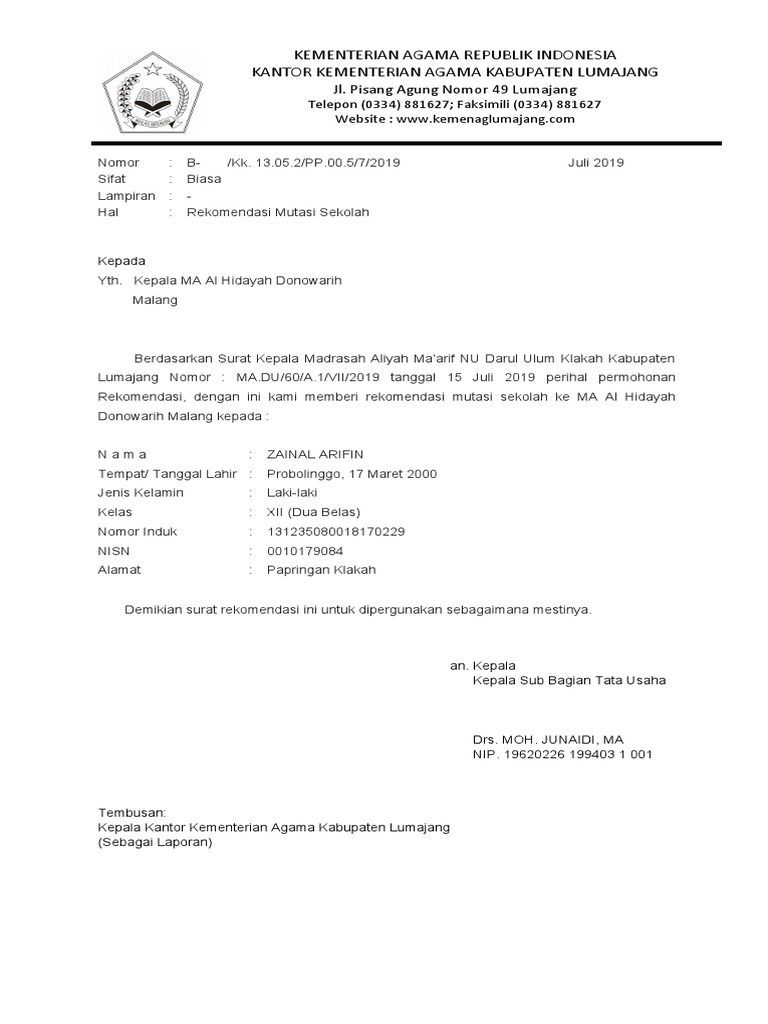 Rekom Mutasi Sekolah Didalam Provinsi | PDF