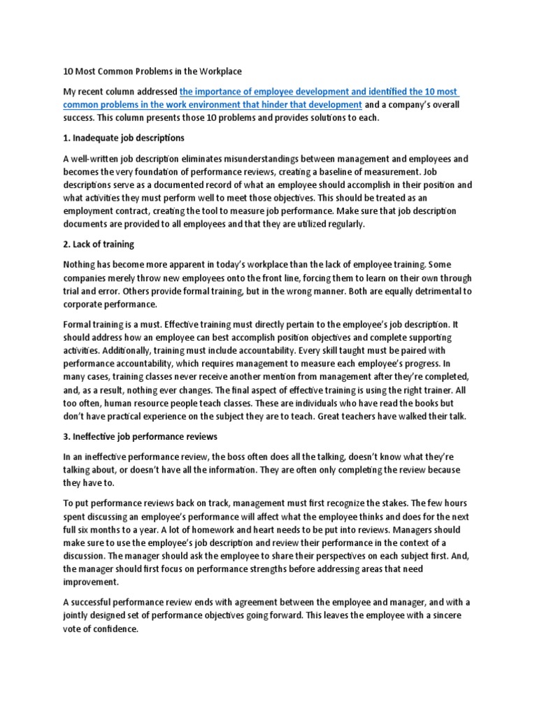 Common Workplace Problems and Solutions | PDF | Performance Appraisal ...