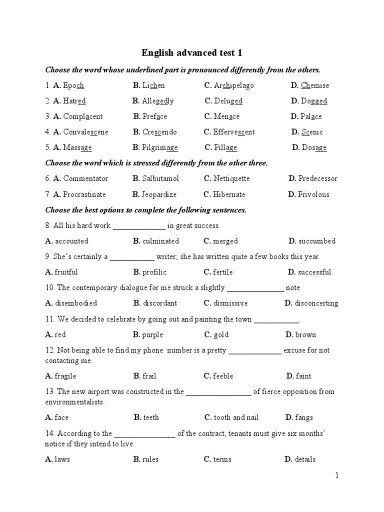 English Advanced Test 1 | PDF