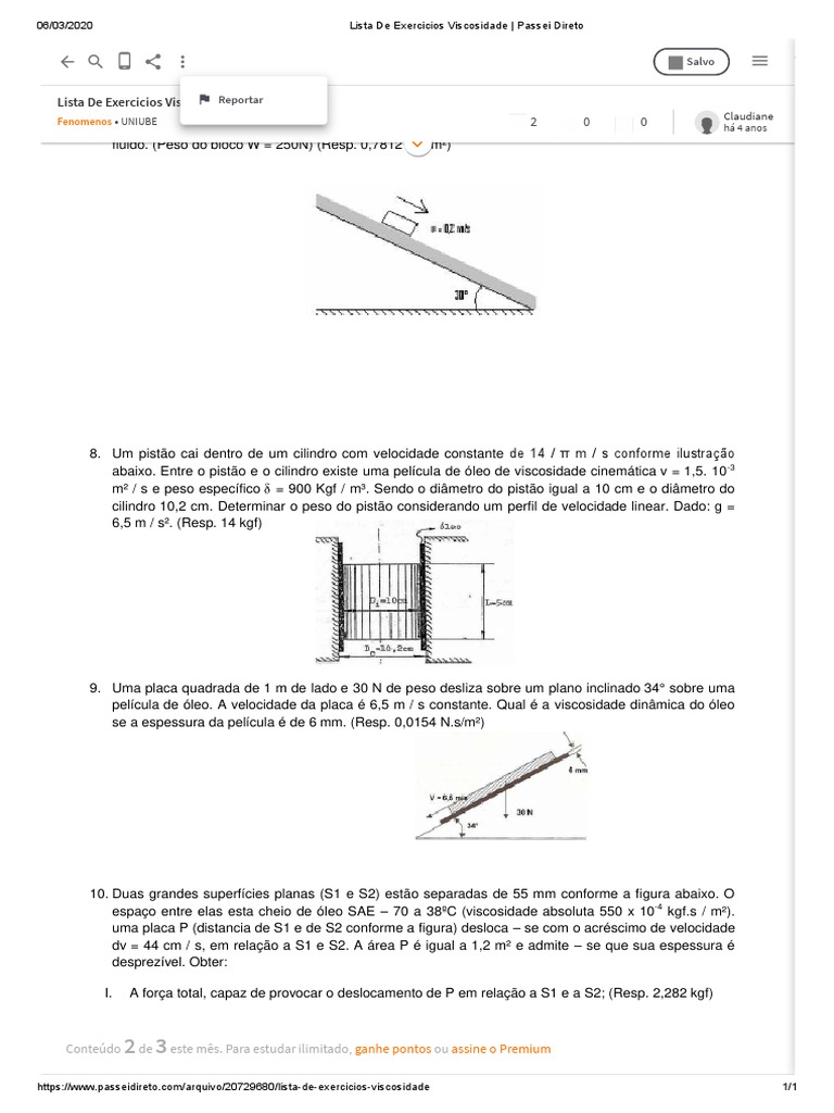 Lista de Exercicios Viscosidade - MECFLU - B PDF | PDF | Viscosidade | Pistão