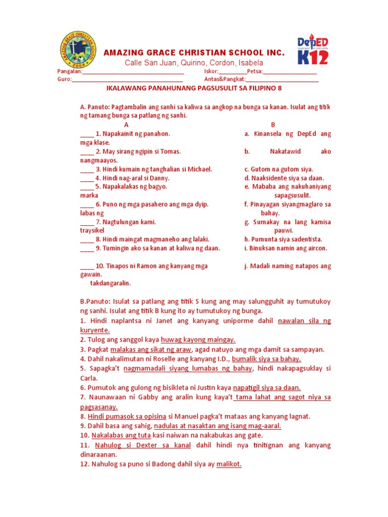 Filipino Grade 7 Exam | PDF