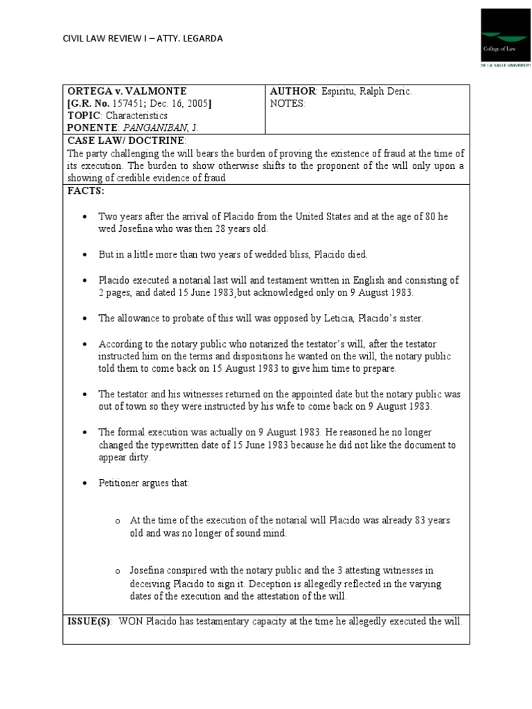 ORTEGA v. VALMONTE | PDF | Will And Testament | Government Information