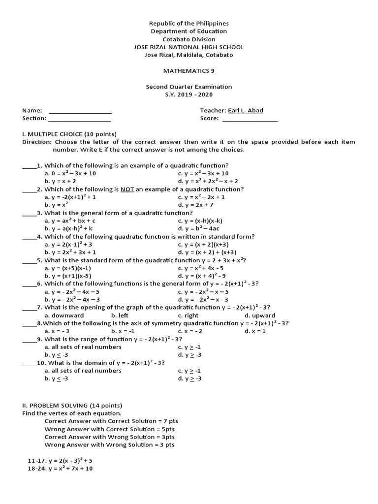 Math 9 2nd Quarter Exam 2019 - 2020 | PDF | Quadratic Equation | Analysis