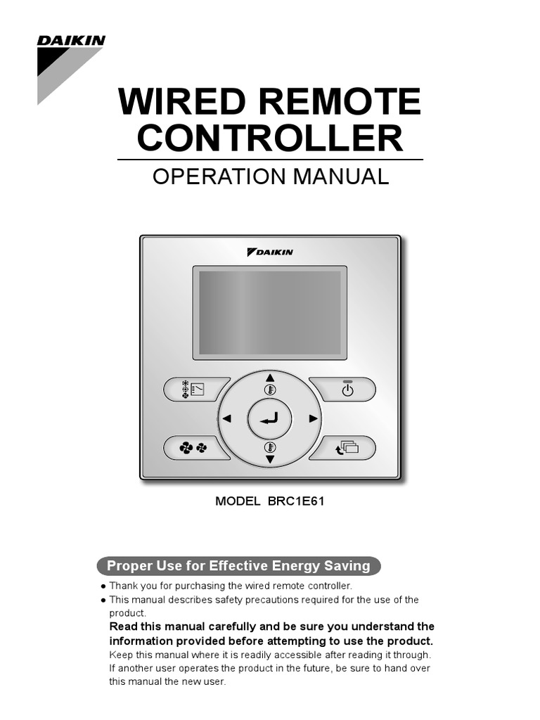 BRC1E61 Wired Remote Controller Manual | PDF | Backlight | Air Conditioning