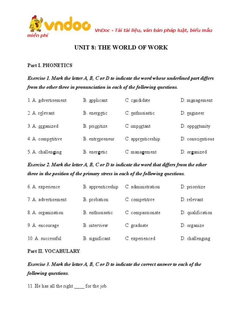 Bai Tap Tu Vung Tieng Anh Lop 12 Unit 8 The World of Work | Download ...