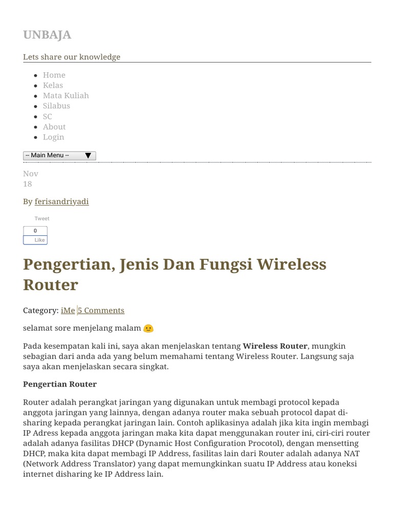 Pengertian, Jenis Dan Fungsi Wireless Router - UNBAJA | PDF