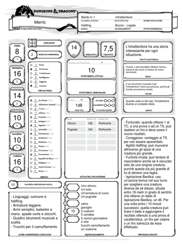 DD 5e Scheda Personaggio Bardo PDF | PDF