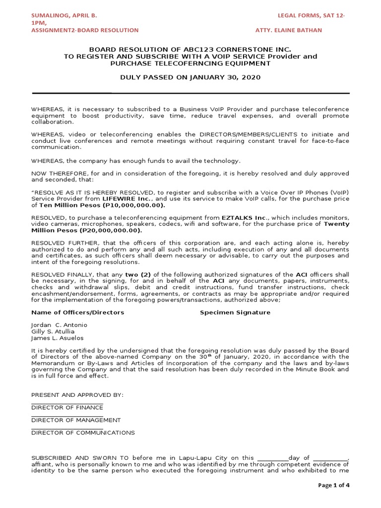 Board Resolution | PDF | Voice Over Ip | Notary Public