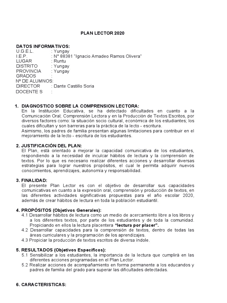 Plan Lector | PDF | Comprensión lectora | Maestros