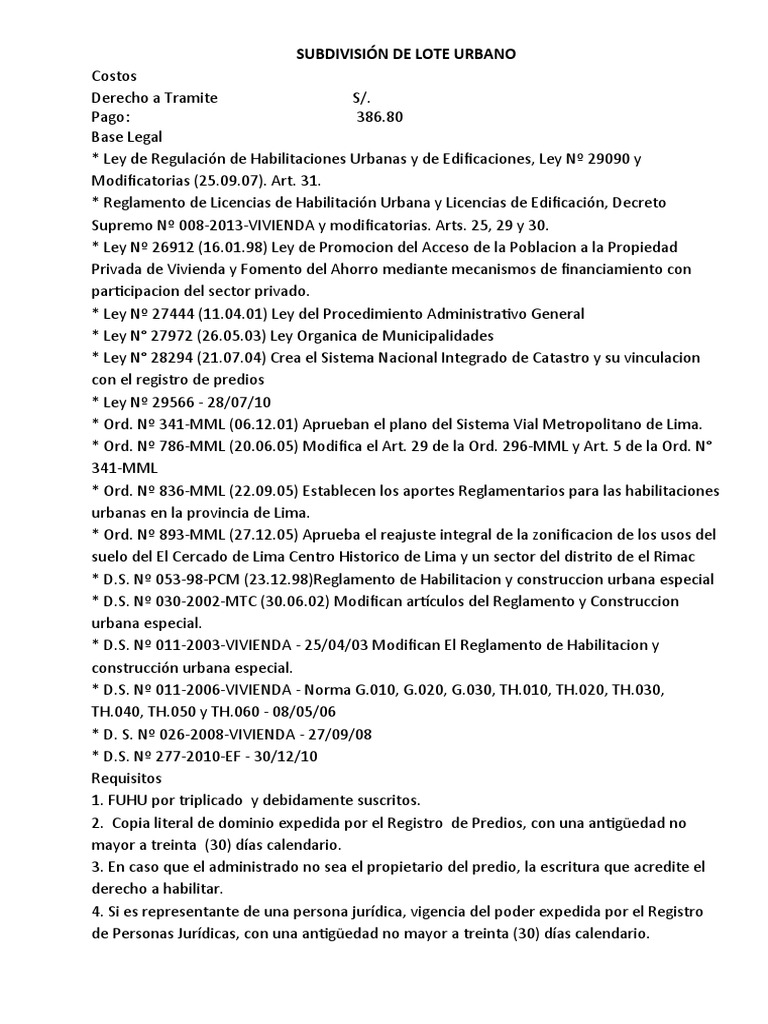 Guía para Subdivisión de Lote Urbano | PDF | Regulación | Lima