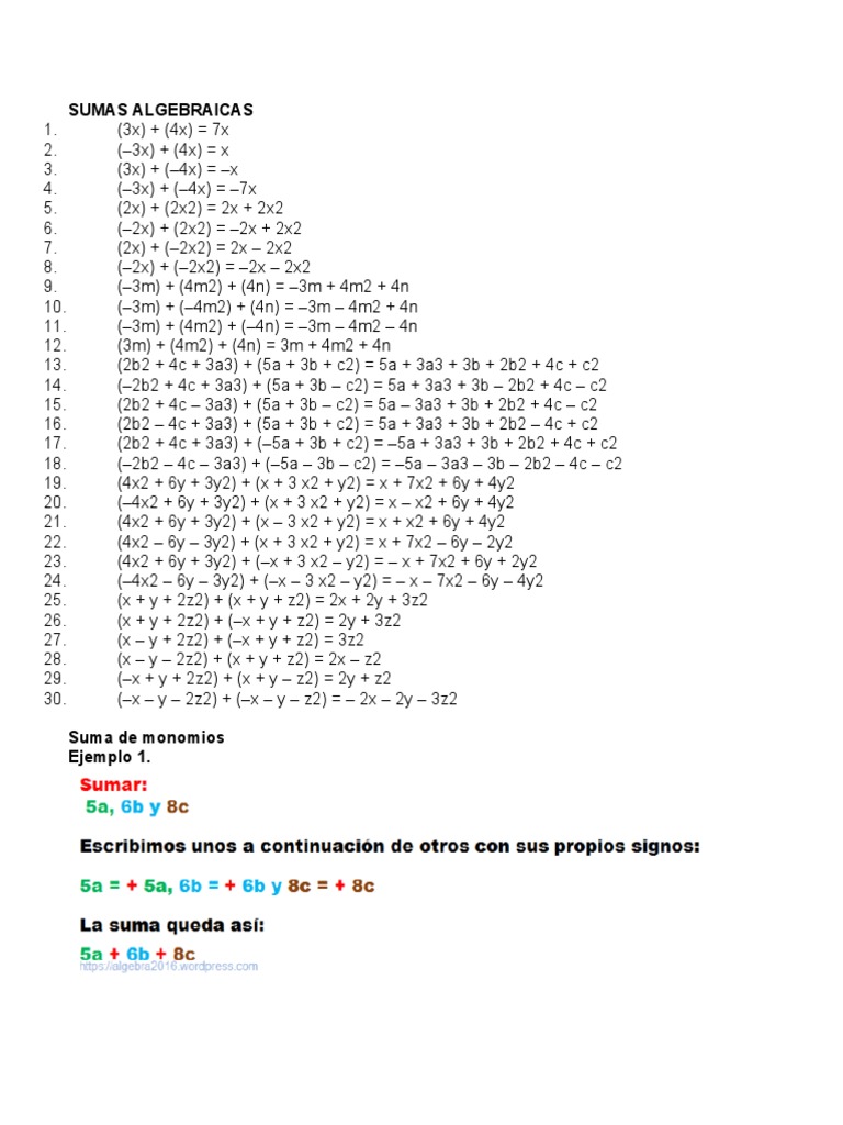 Sumas Algebraicas | PDF | Sustracción | Aritmética
