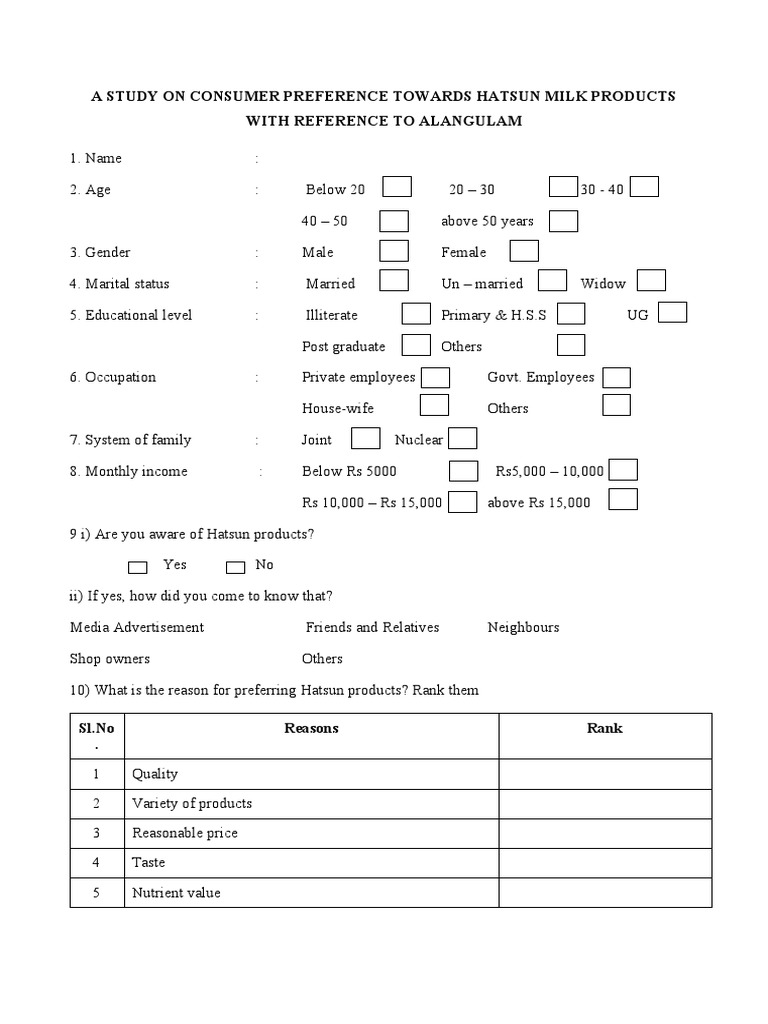 Questionnaire | PDF | Ice Cream | Milk