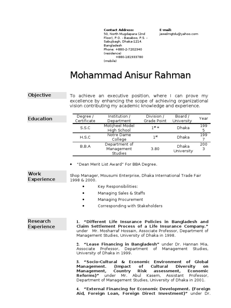 Sample CV | PDF | Bangladesh | Microsoft Windows