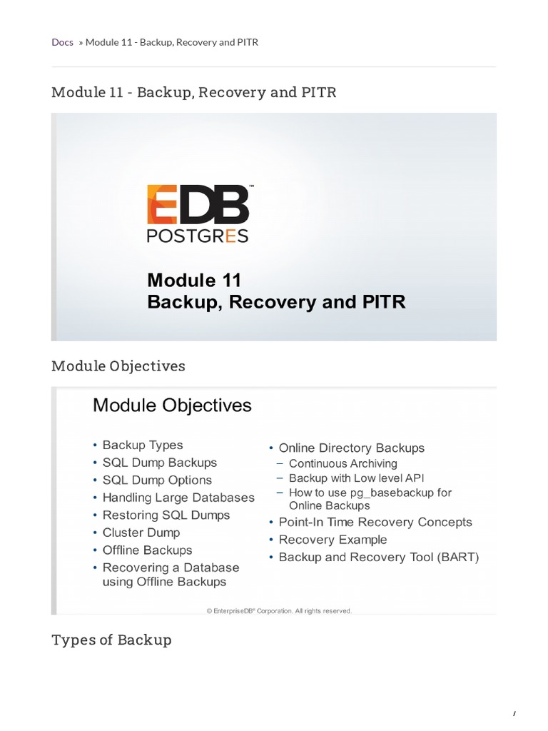 Module 11 - Backup, Recovery and PITR - Postgres Administration Essentials From EDB | PDF