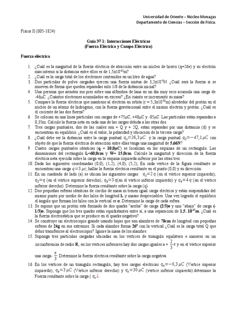 Guia I (Fuerza y Campo Eléctrico) | PDF | Electrón | Campo eléctrico
