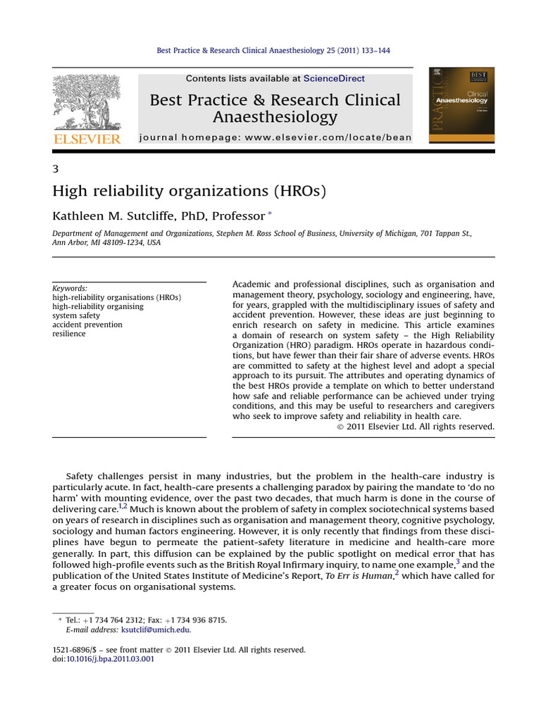 High Reliability Organizations - Sutcliffe - 2011 PDF | PDF | Cognition ...