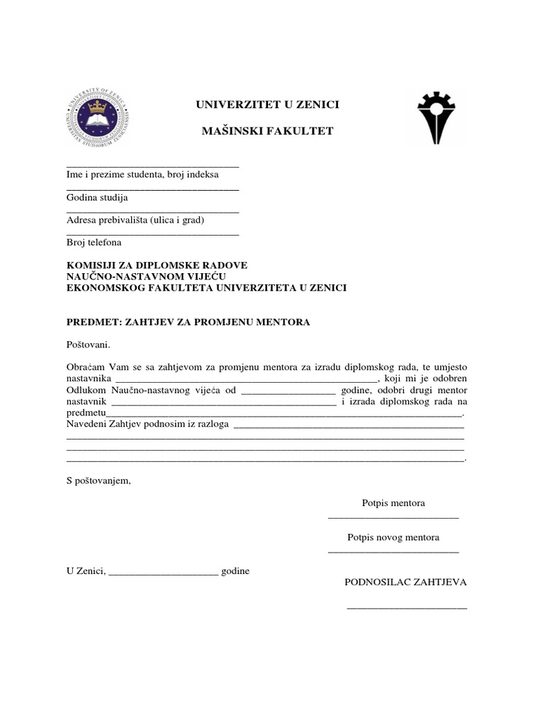 Molba Za Promjenu Mentora PDF | PDF