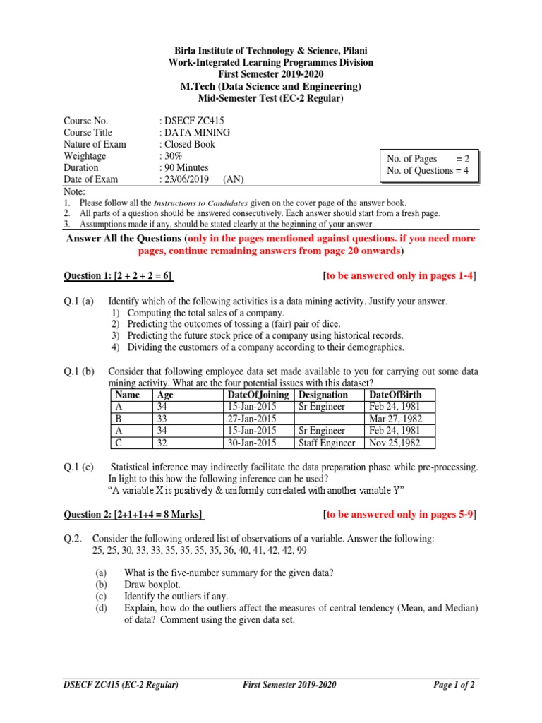 M.Tech Data Mining Mid-Sem Exam 2019 | PDF | Statistical Classification ...