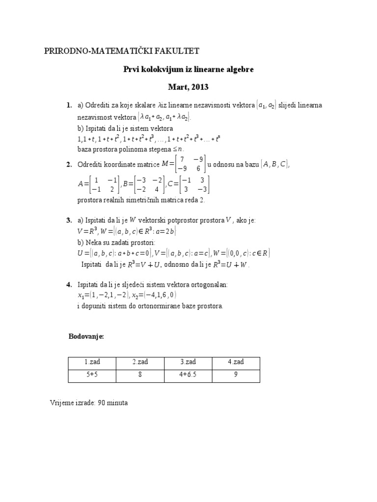 Linearna Algebra Prvi Kolokvijum PMF | PDF