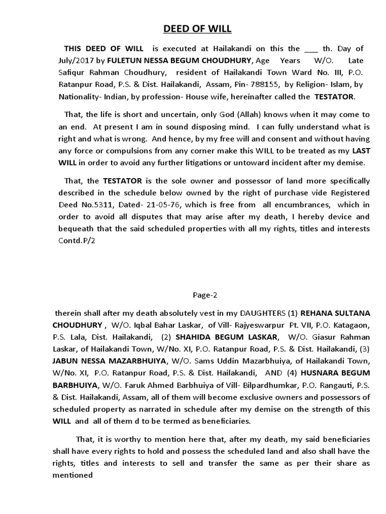 DEED OF WILL by Advocate, Hussain, Hailakandi, Assam, India. | PDF ...