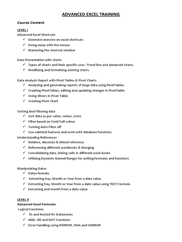Advance Excel Course Outline Pdf Microsoft Excel Data Management 9105