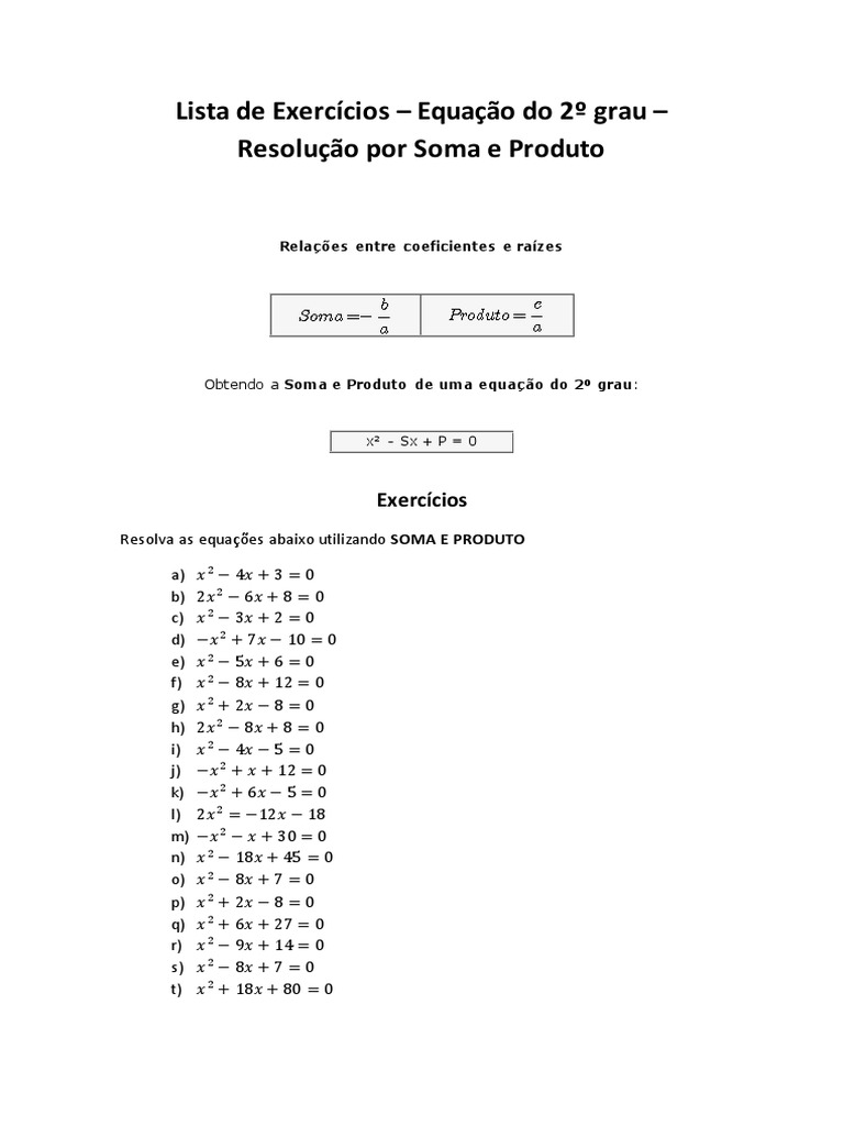 Lista de Exercc3adcios 1c2ba Soma e Produto | PDF