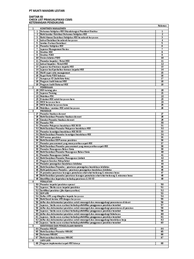 00 Daftar Isi Check List Prakualifikasi CSMS PDF | PDF