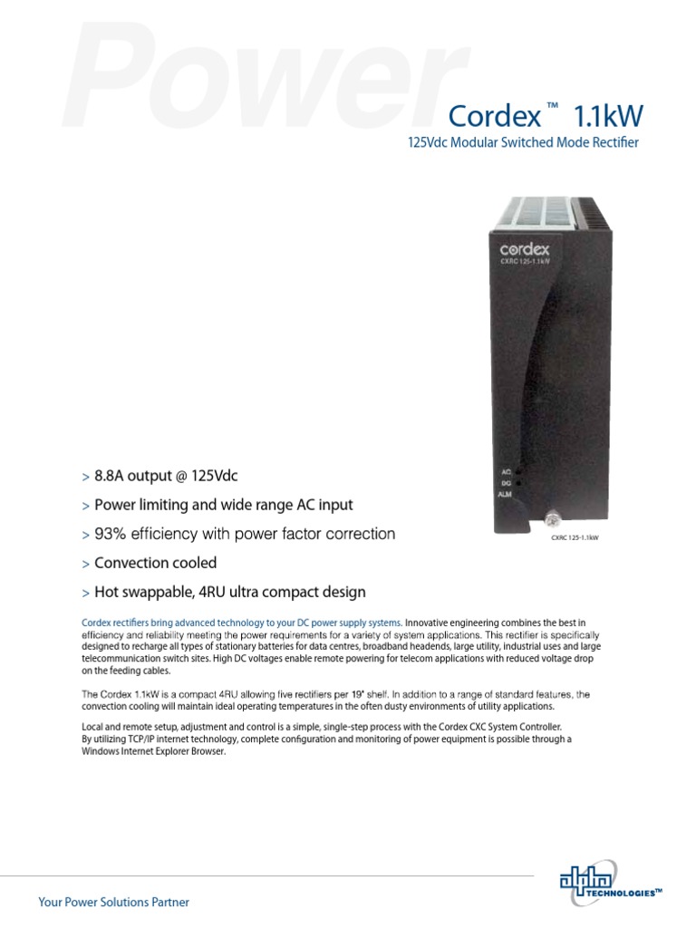 324 Cordex 125 220VDC 1 1kW Data Sheet | PDF | Rectifier | Electricity