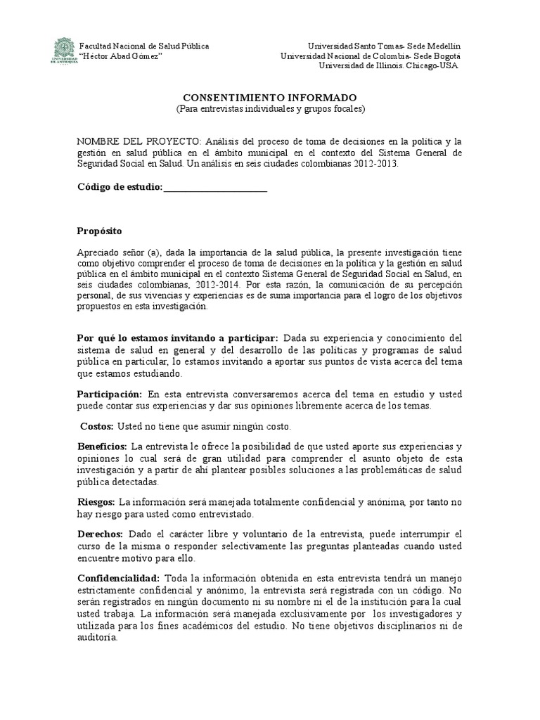 Modelo Consentimiento | PDF | Consentimiento informado | Toma de decisiones