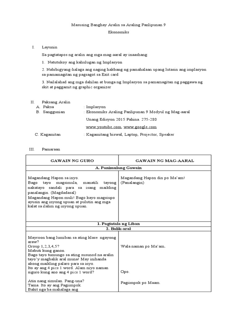 Banghay Aralin Sa Ekonomiks 9 (IMPLASYON) | PDF