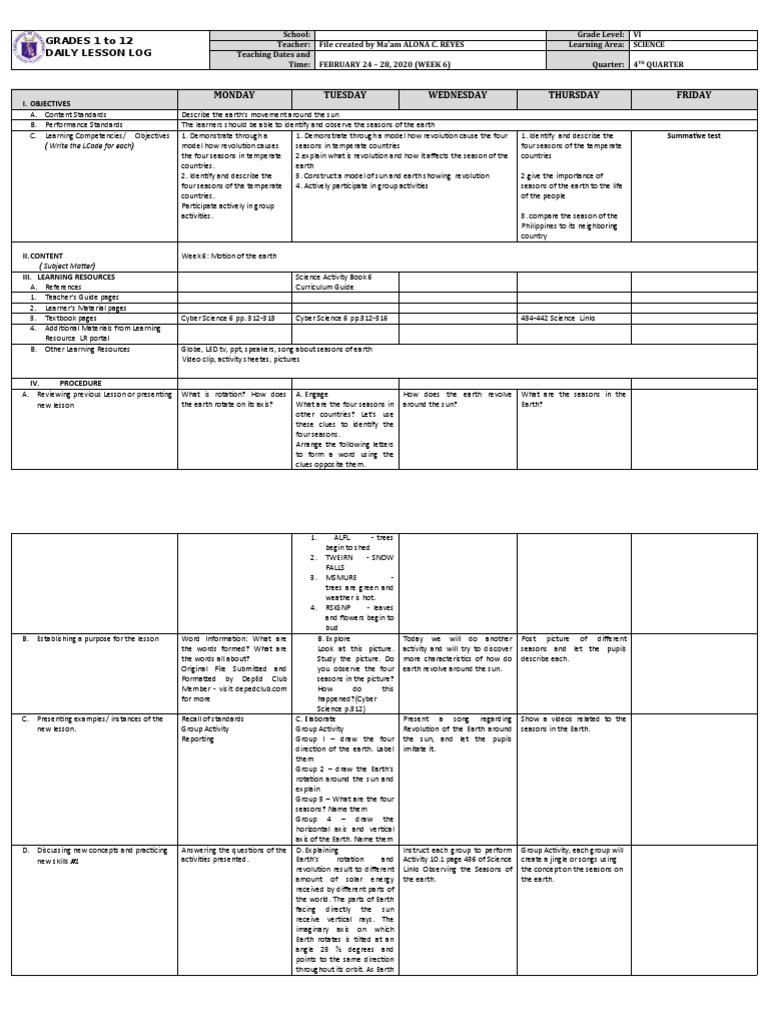 Grade 6 Science Seasons Earth Movement | PDF | Rotation | Earth