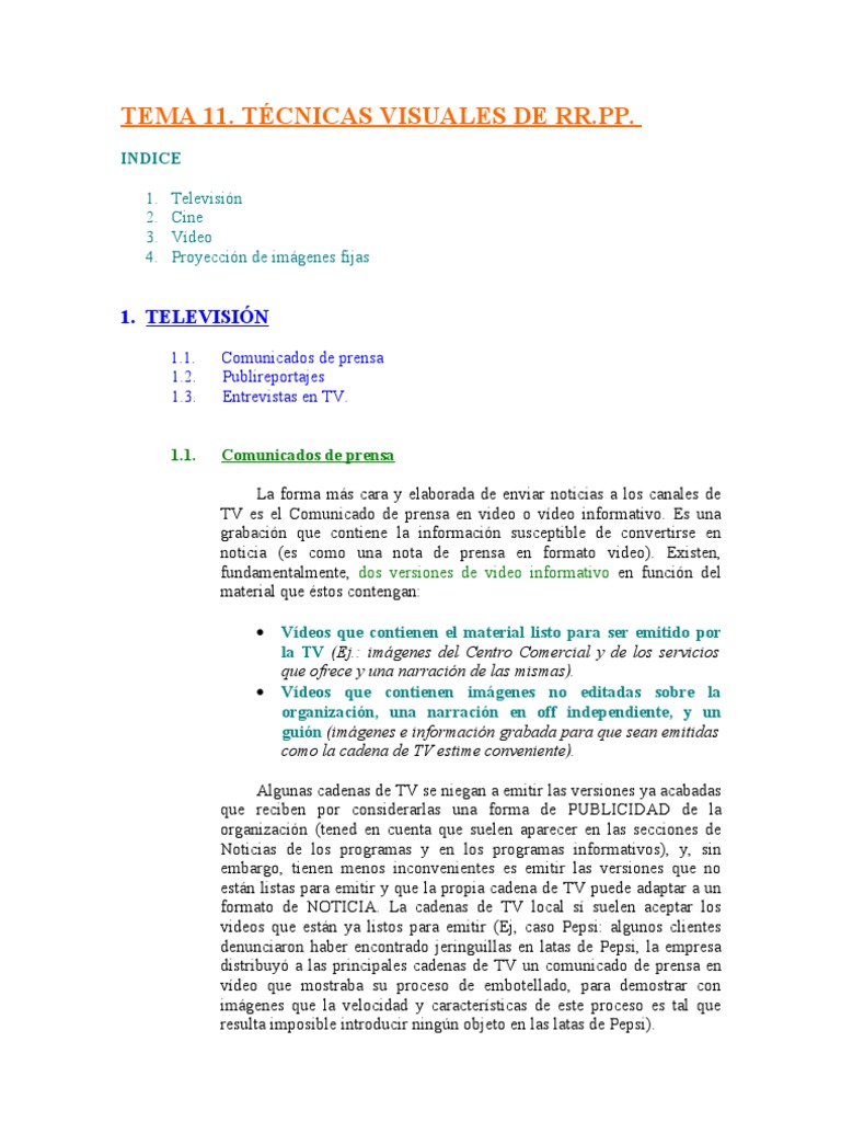 Relaciones Públicas Tema 11 - Técnicas Visuales de RRPP | PDF | Televisión | Vídeo