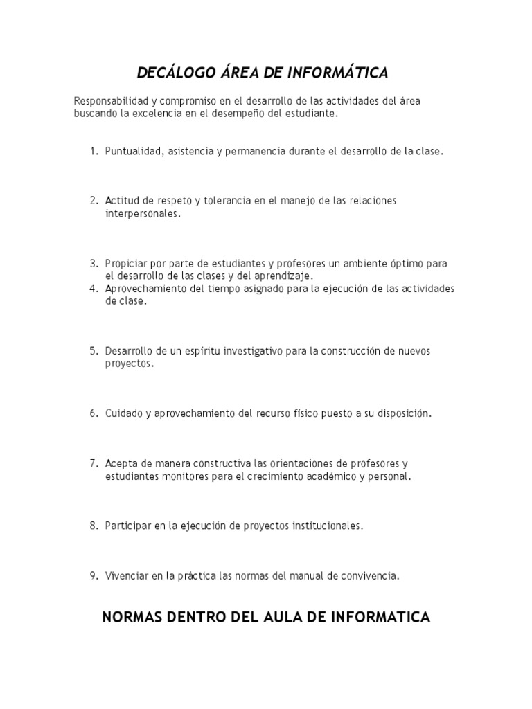 Decálogo para el Aula de Informática | PDF | Salón de clases | Maestros
