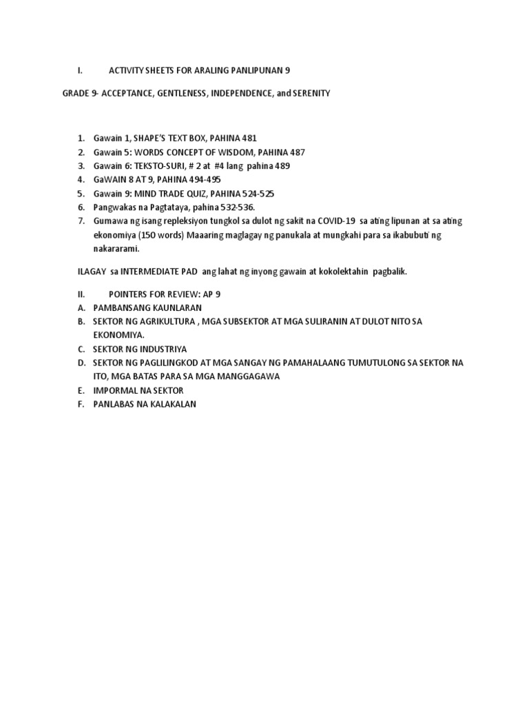 Activity Sheets For Araling Panlipunan 9 | PDF