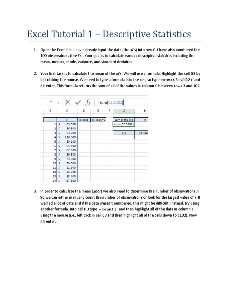 Excel Lab 1 - Descriptive Statistics | PDF | Variance | Mean