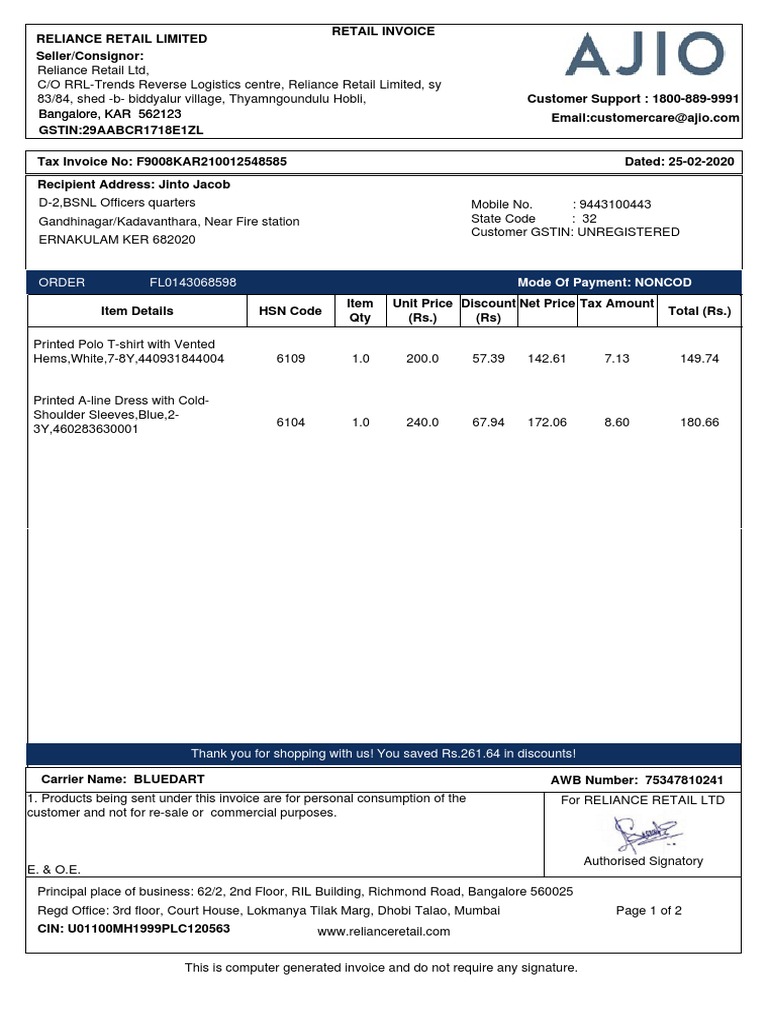 Retail Invoice for Clothing Purchase | PDF | Invoice | Business