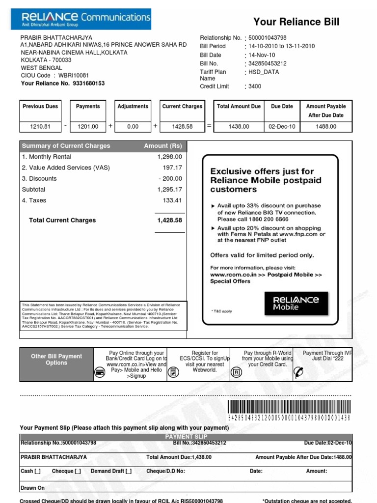 Your Reliance Bill: Summary of Current Charges Amount (RS) | PDF ...