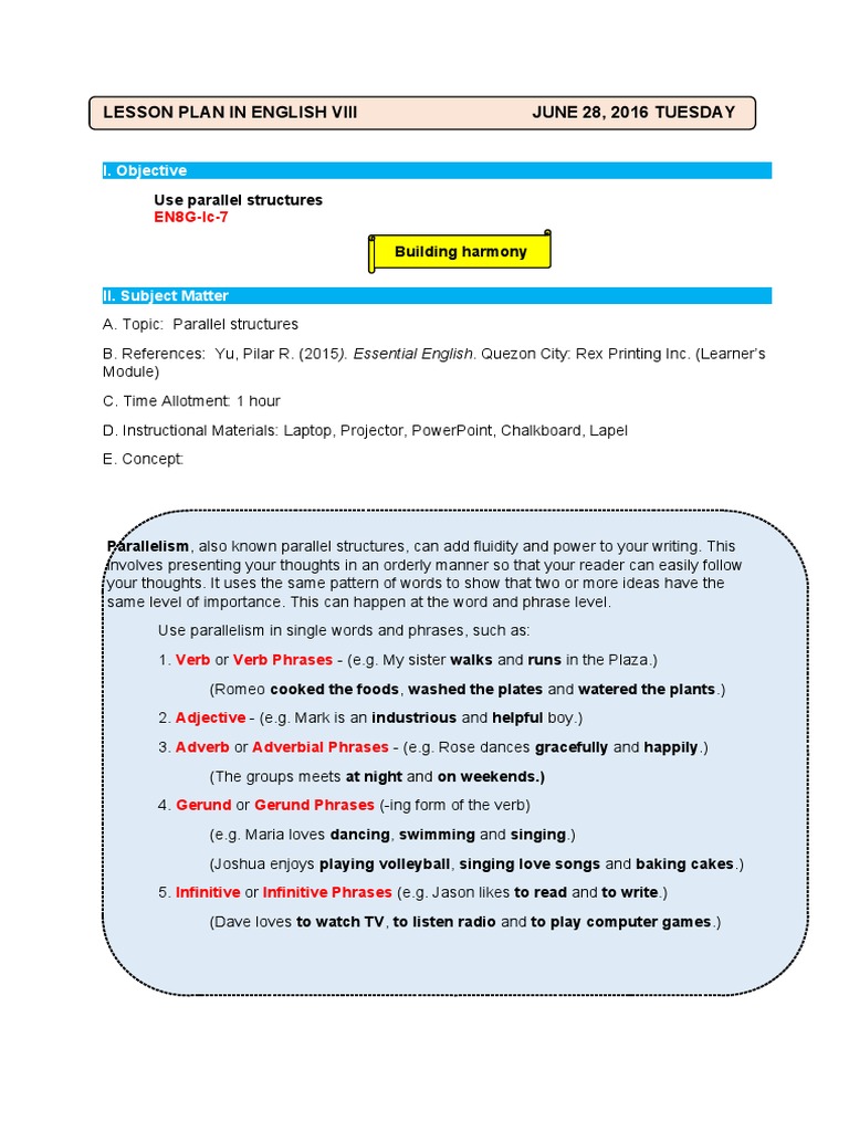 Parallel Structures Lesson Plan | PDF | Verb | Adverb