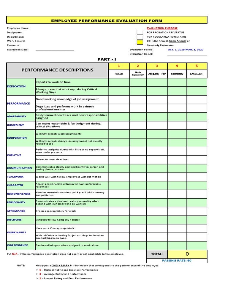 Employee Performance Evaluation Template Student Employee Performance