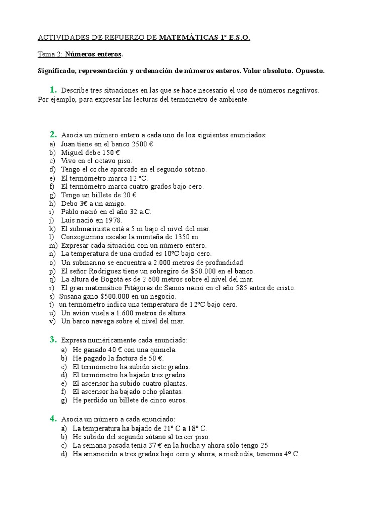 Ejercicos Repaso Numeros Enteros | PDF | Entero | Multiplicación