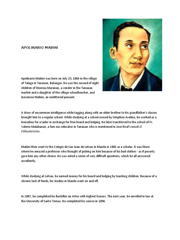 Talambuhay Ni Apolinario Mabini Sino Ang Bayaning Pinoy Talambuhay Ng