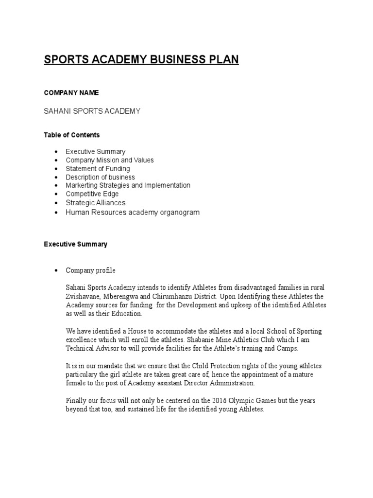 Sahani Sports Academy Business Plan | PDF | Sports | Human Resources