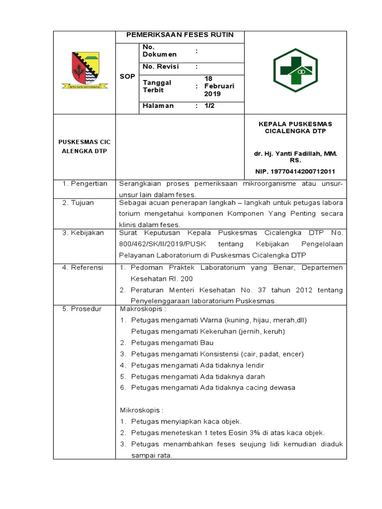 Sop Pemeriksaan Feses Rutin | PDF