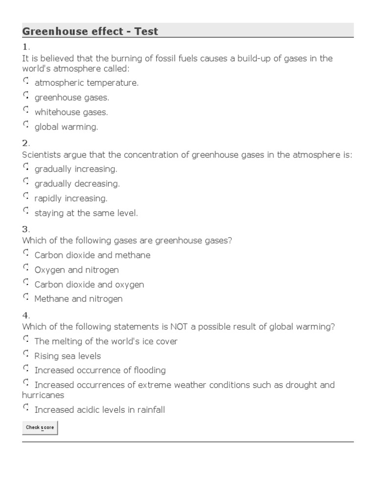Greenhouse Effect-Quiz | PDF | Greenhouse Effect | Greenhouse Gas