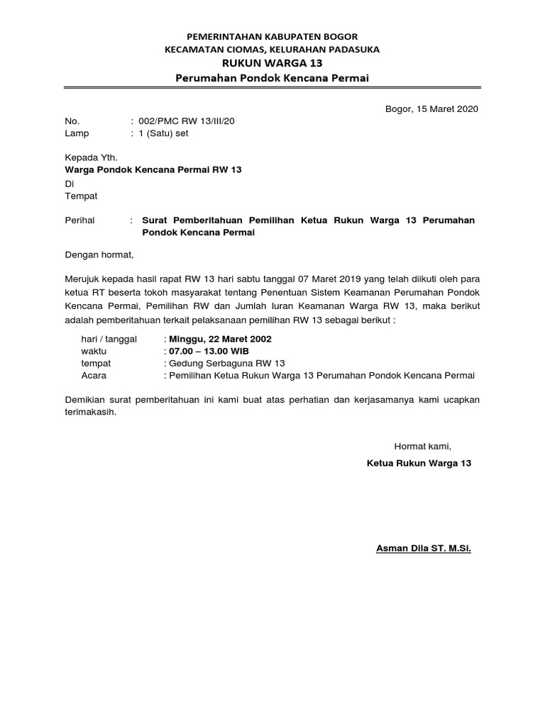 Surat Pemberitahuan Pemilihan RW | PDF