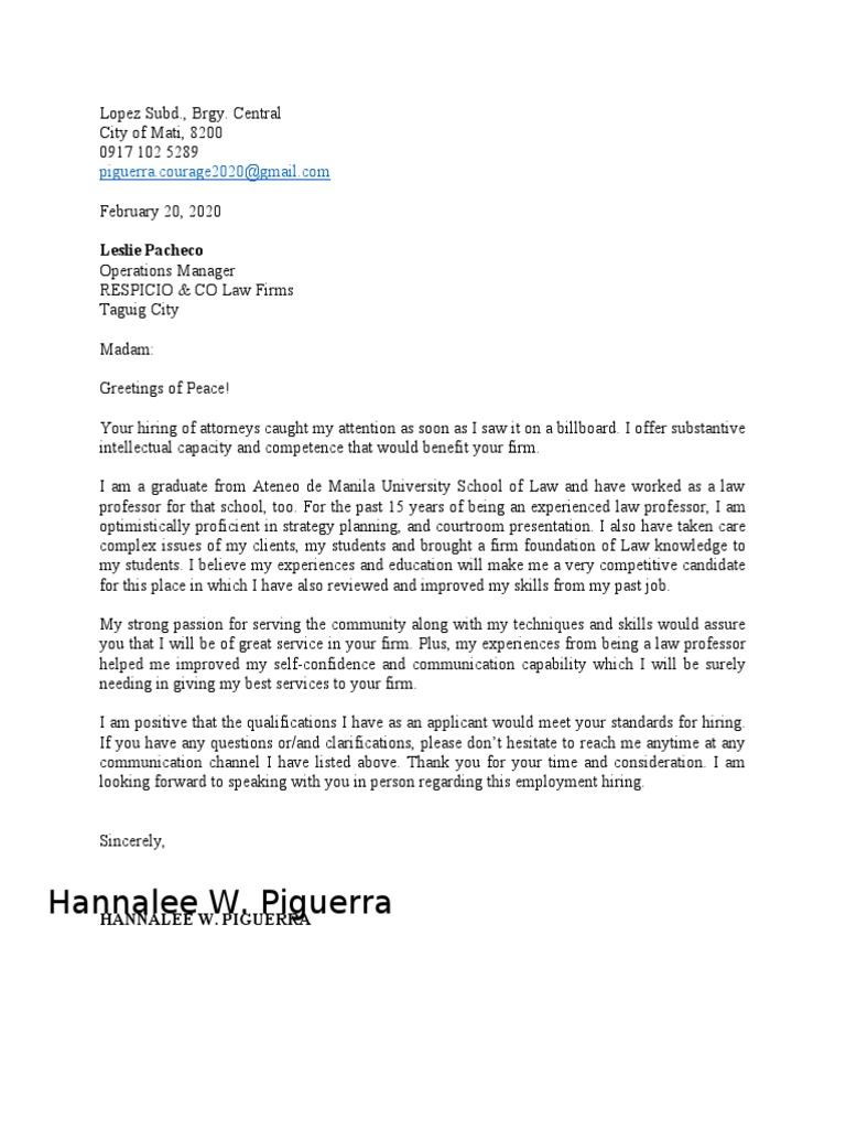 Sample Application Letter of A Lawyer | PDF