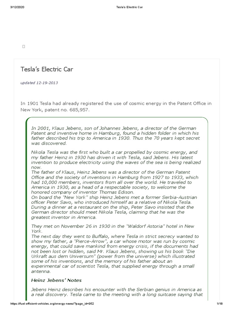 Tesla's Electric Car | PDF | Nikola Tesla | Electric Car